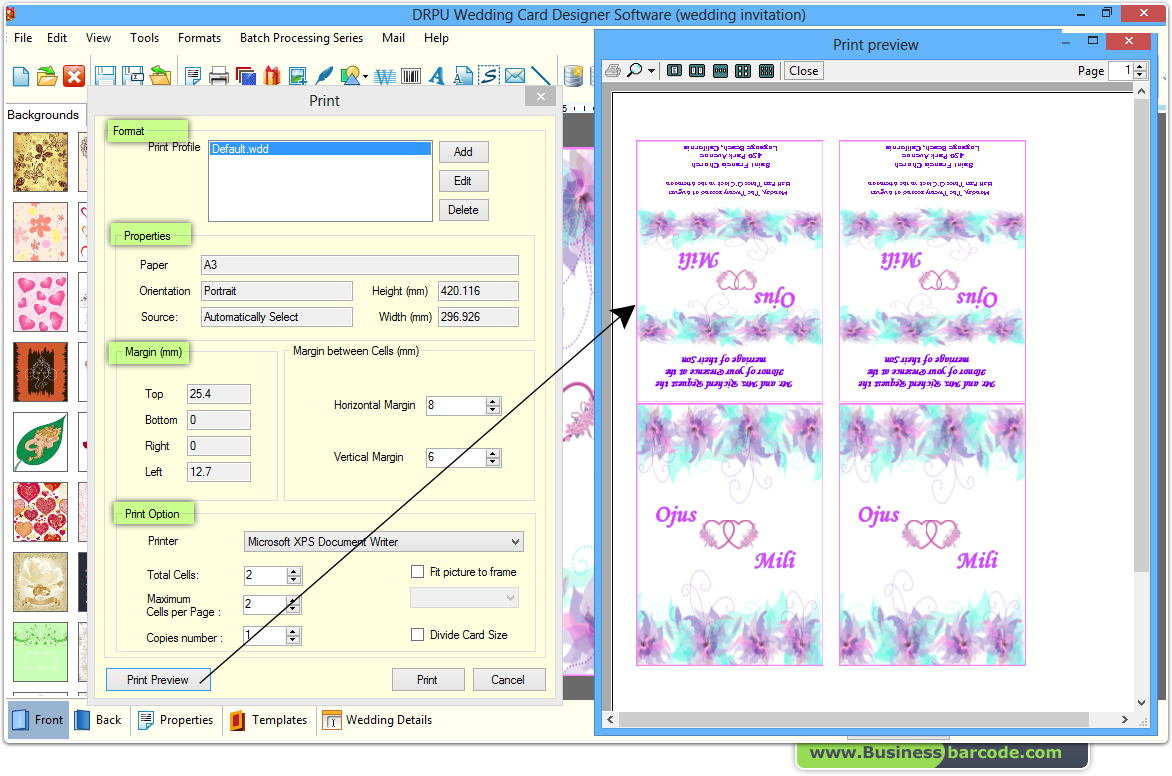 Screenshots of Wedding card maker software by BusinessBarcode